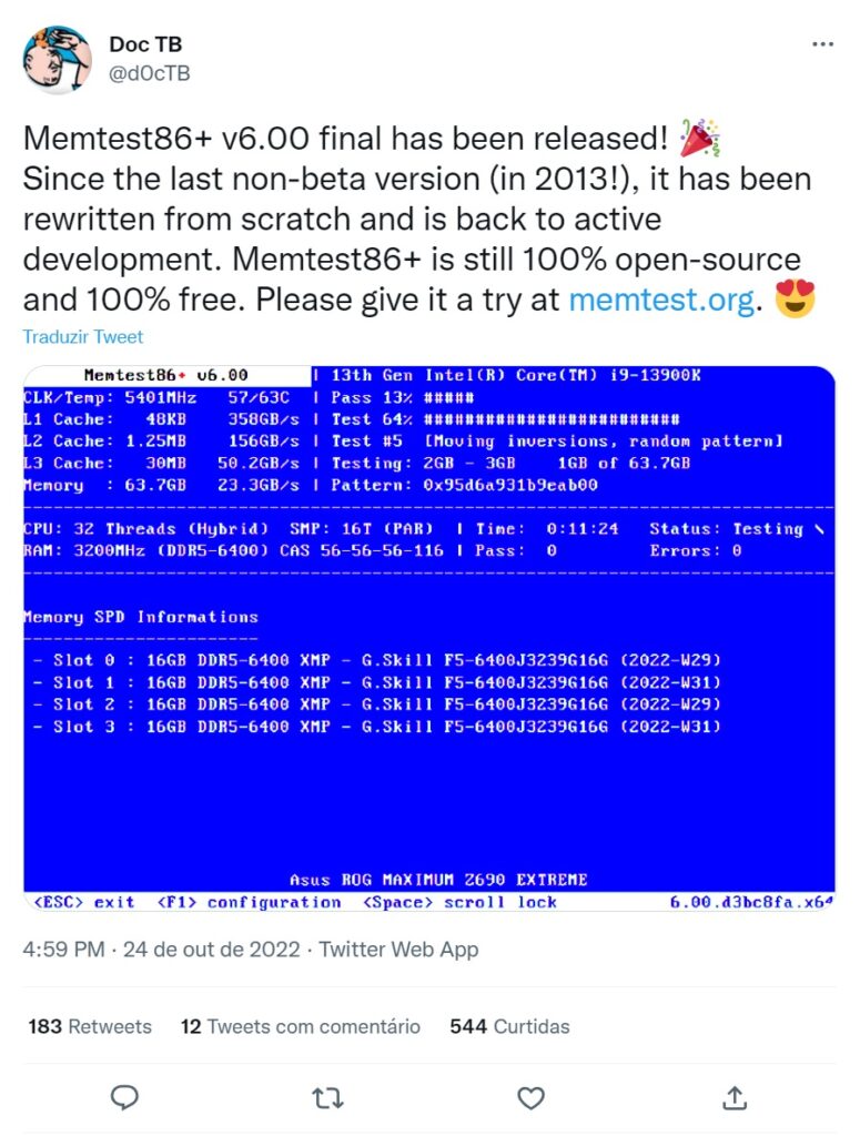 Memtest86+ lança versão 6.0, compatível com memórias DDR5