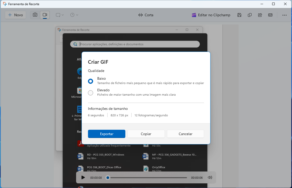 Use a Ferramenta de Recorte para transformar vídeos em GIF